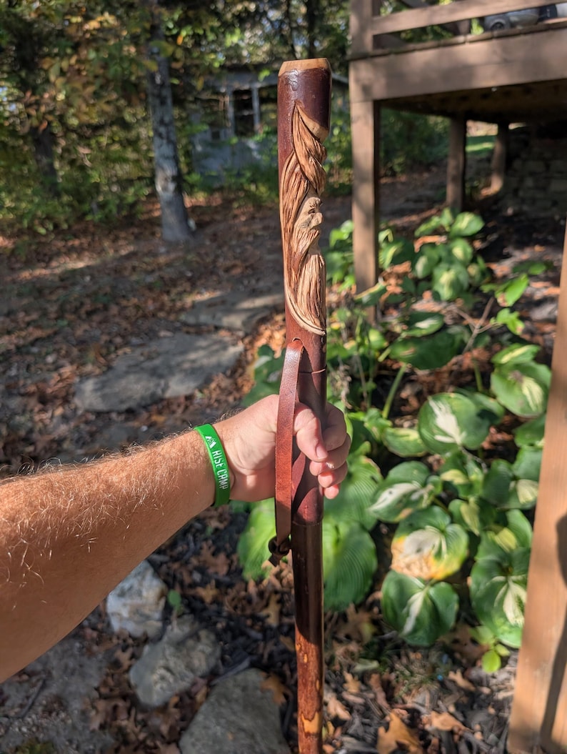 Wood Spirit Walking Stick: Dark Wood Hiking Staff With Leather Grip ...