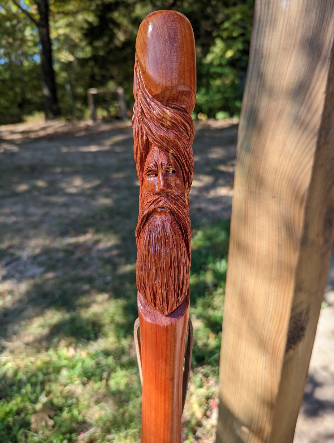 Cedar Walking Stick With Wood Spirit Face Carving, Carved Hiking Stick ...