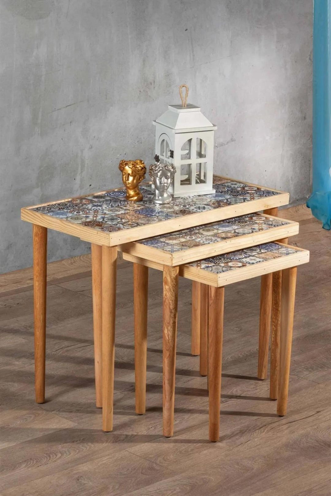 Rustic Trio Nesting Table Natural Wood & Ceramic Design - Etsy