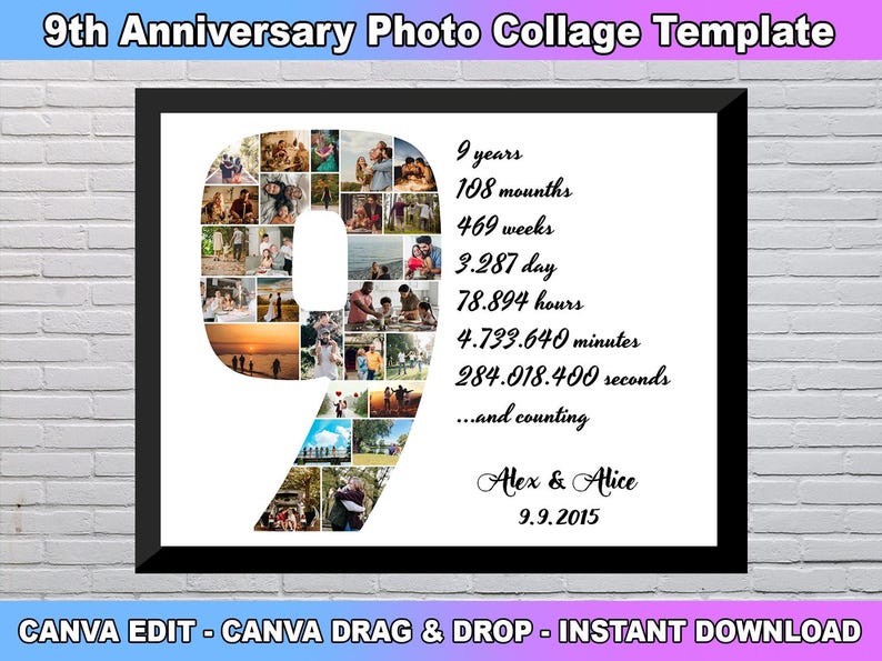 9th Anniversary Photo Collage Template, Number 9 Collage, 9th Collage ...