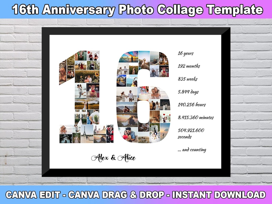 16th Birthday Photo Collage Template, Number 16 Collage, 16th Collage ...