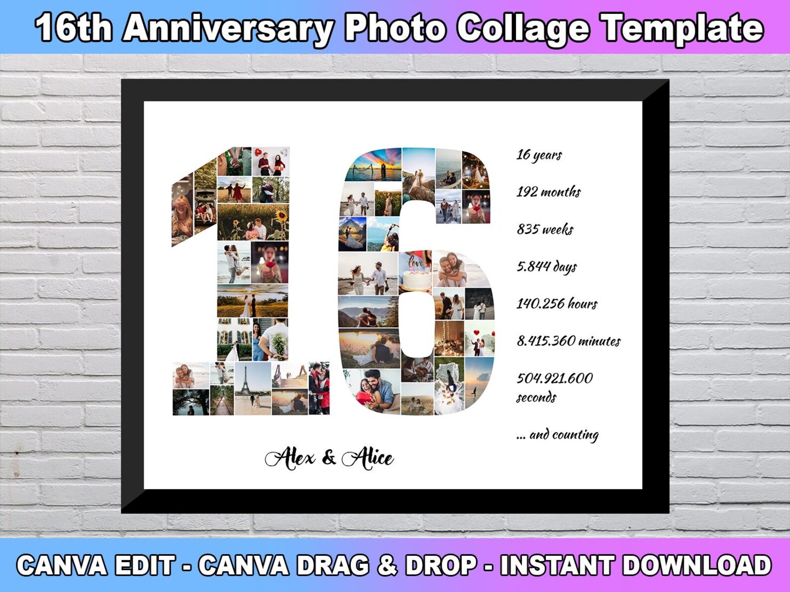 16th Birthday Photo Collage Template, Number 16 Collage, 16th Collage ...