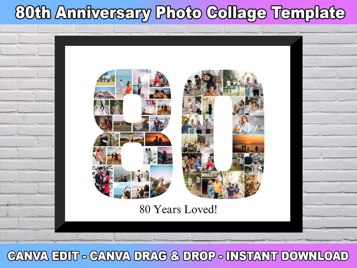 80th Birthday Photo Collage Template, Number 80 Collage, 80th Collage ...