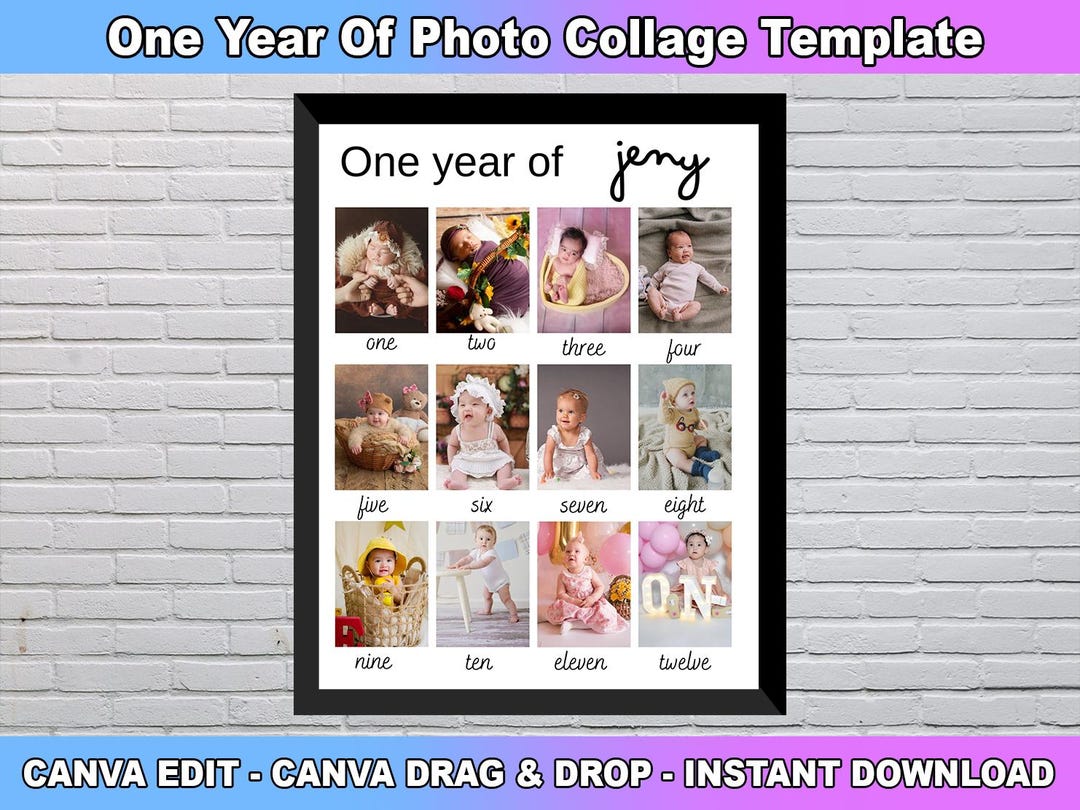 One Year of Photo Collage, Baby 1st Birthday Photo Collage Template ...