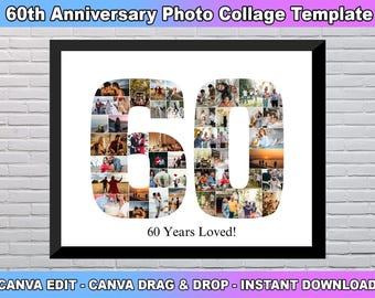 60th Birthday Photo Collage Template, Number 60 Collage, 60th Collage ...