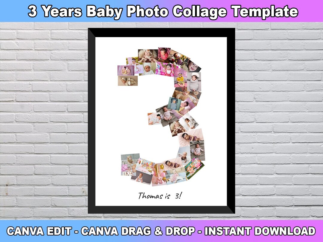 3rd Birthday Sign Photo Collage Template, 3rd Anniversary Gift for ...