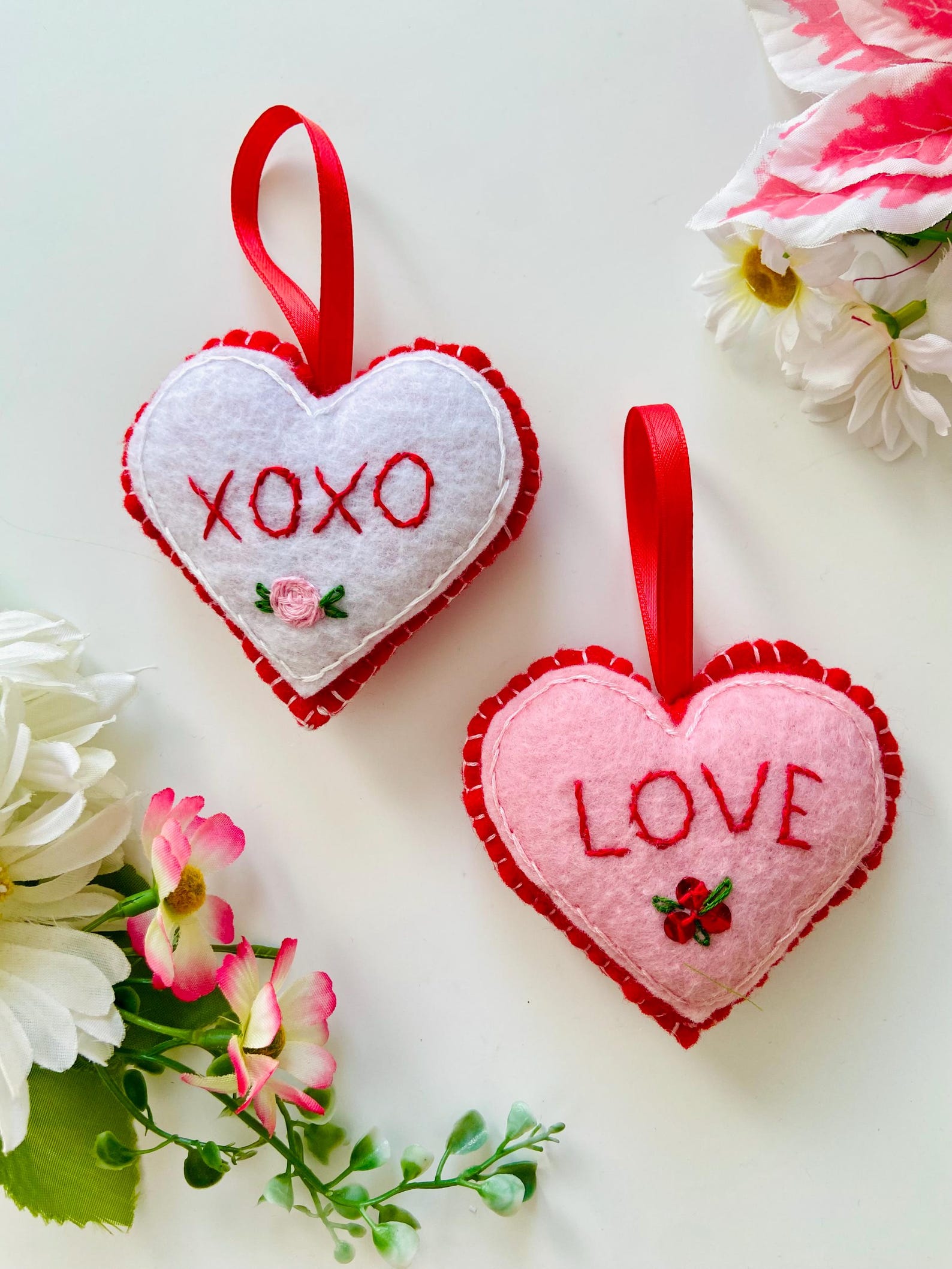 Valentine's Day Hand Embroidered Felt Heart Ornaments | Valentine's Day ...