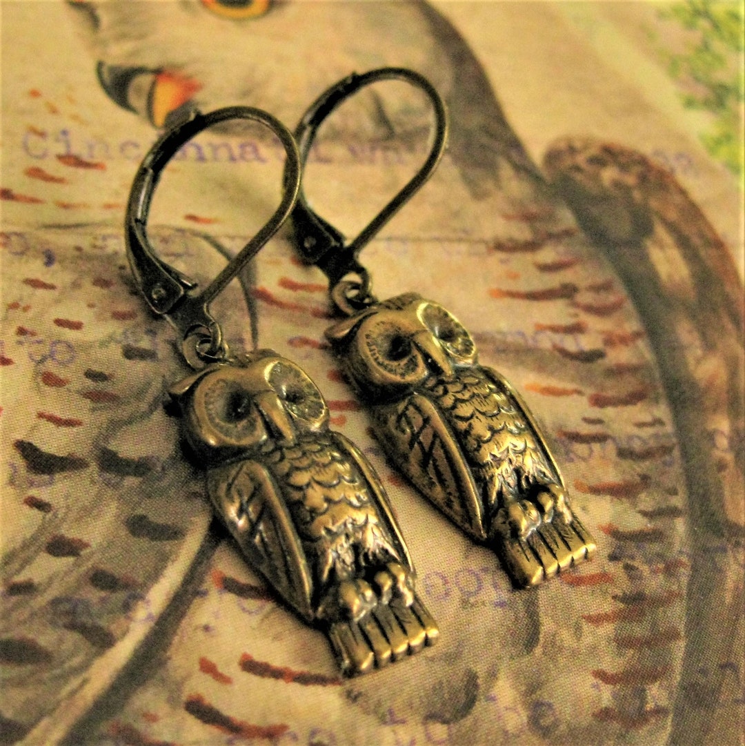 Studious Owl Earrings Vintage Brass Scholar Bird Jewelry Cute Earrings ...