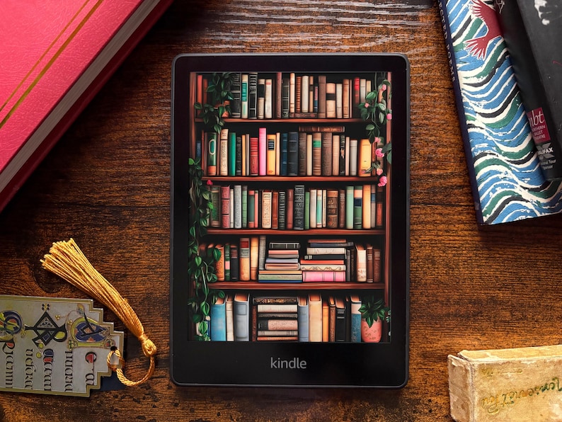 Bookshelf Kindle Wallpaper:library Lockscreen (digital Download) - Etsy