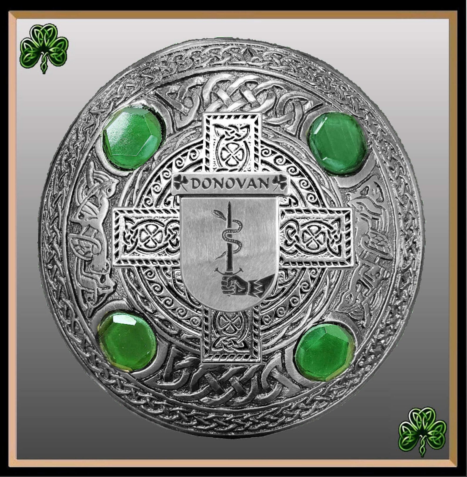 Donovan Irish Coat of Arms Celtic Cross Plaid Brooch With Green Stones ...