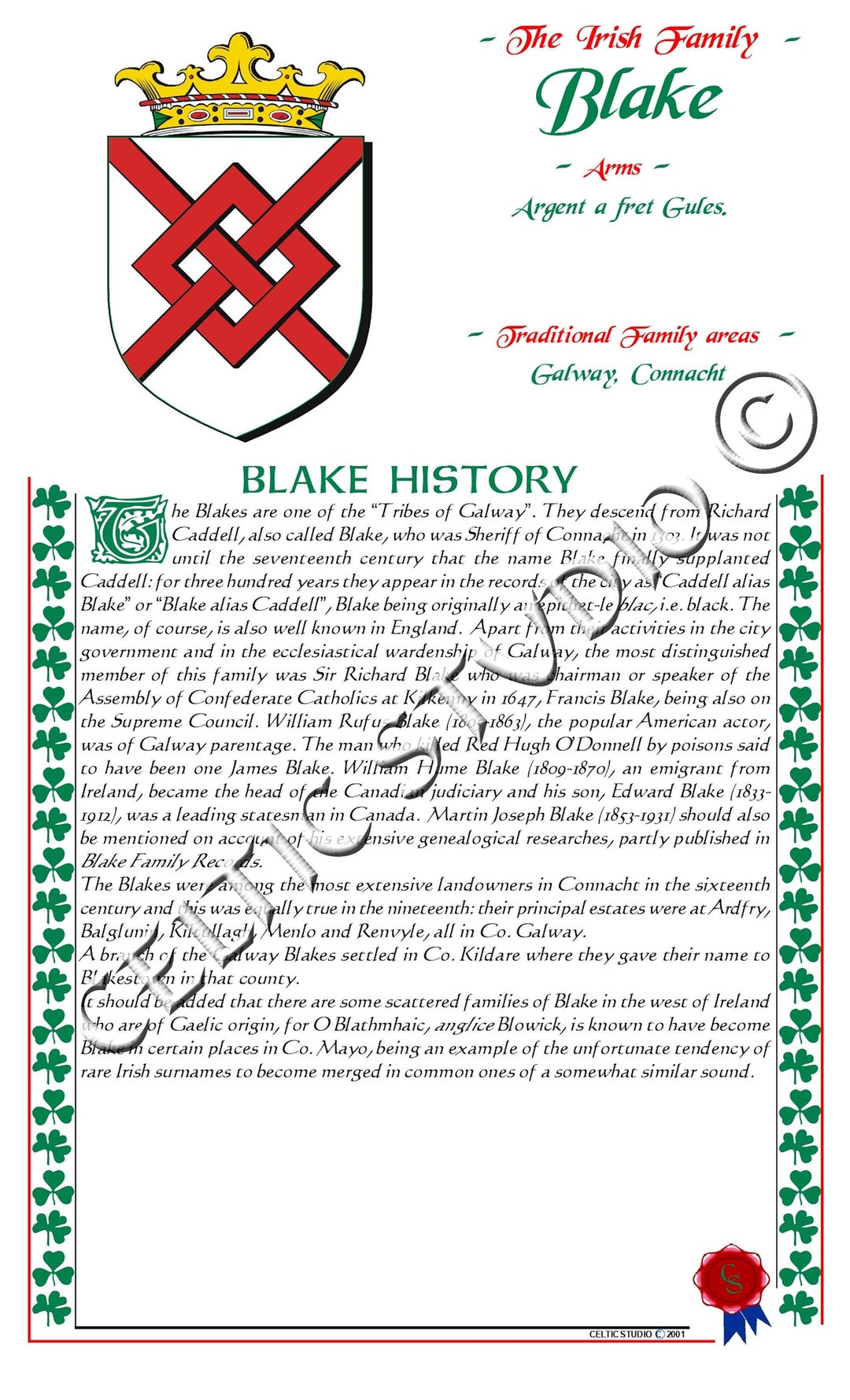 Blake Irish Family History - Etsy