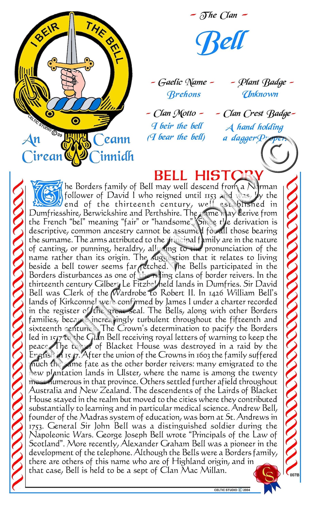 Bell Scottish Clan History - Etsy