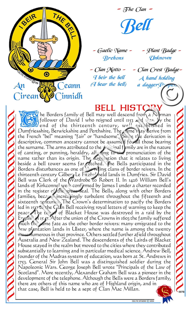 Bell Scottish Clan History - Etsy