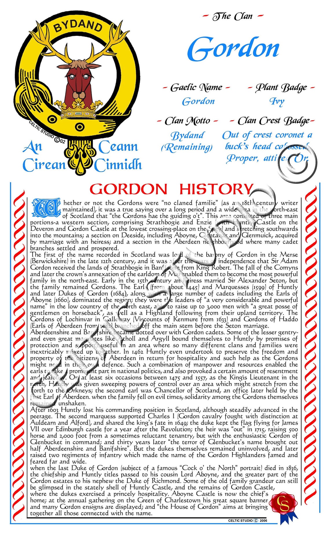 Gordon Scottish Clan History - Etsy