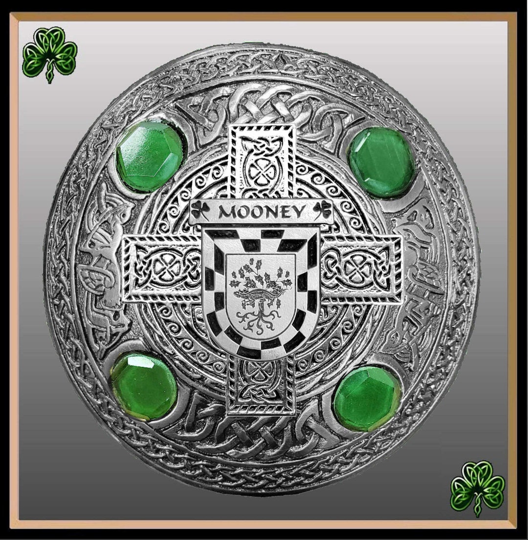 Mooney Irish Coat of Arms Celtic Cross Plaid Brooch With Green Stones ...