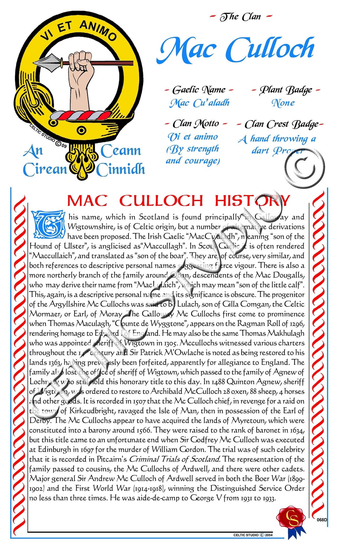 Macculloch Scottish Clan History - Etsy