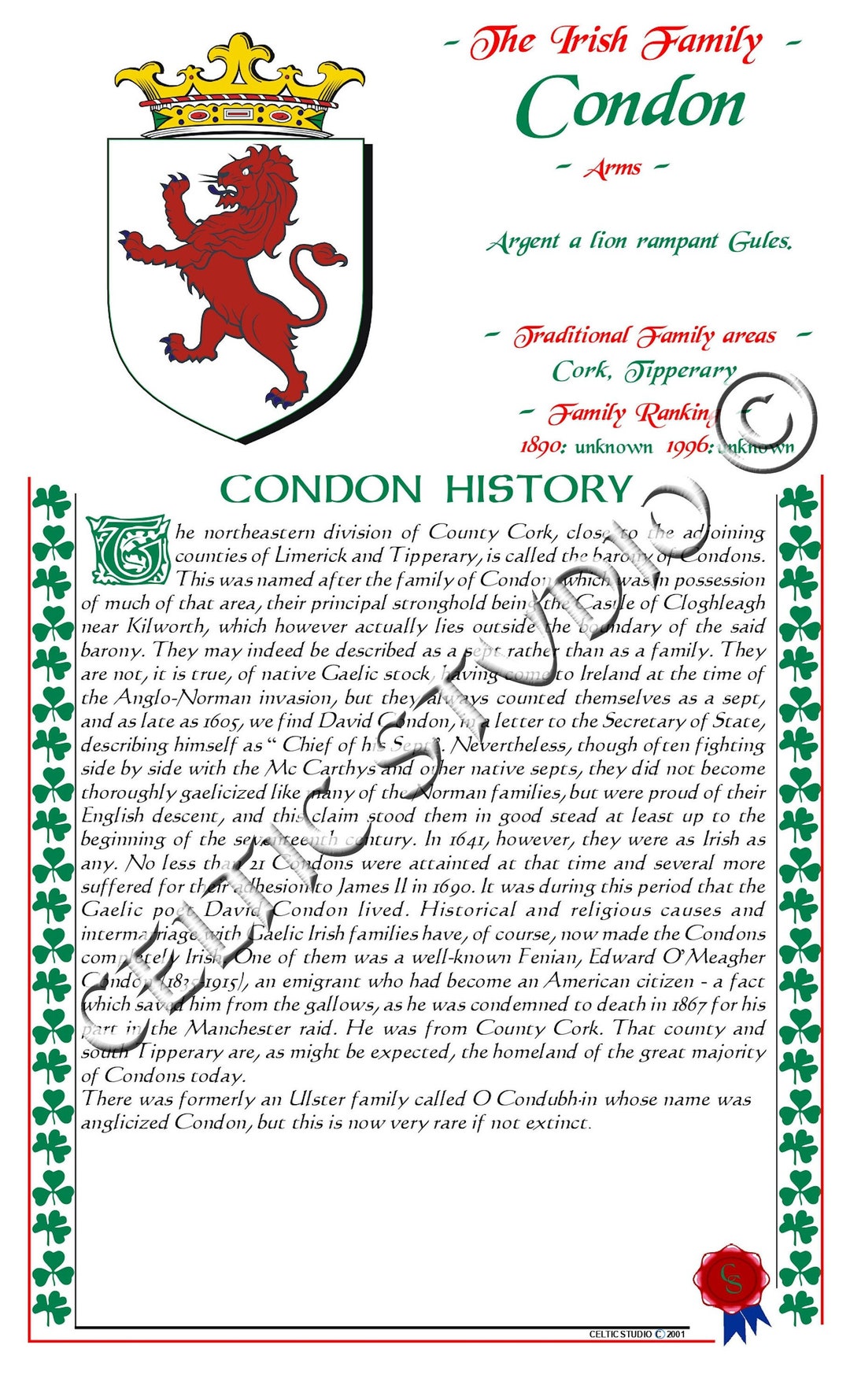 Condon Irish Family History - Etsy