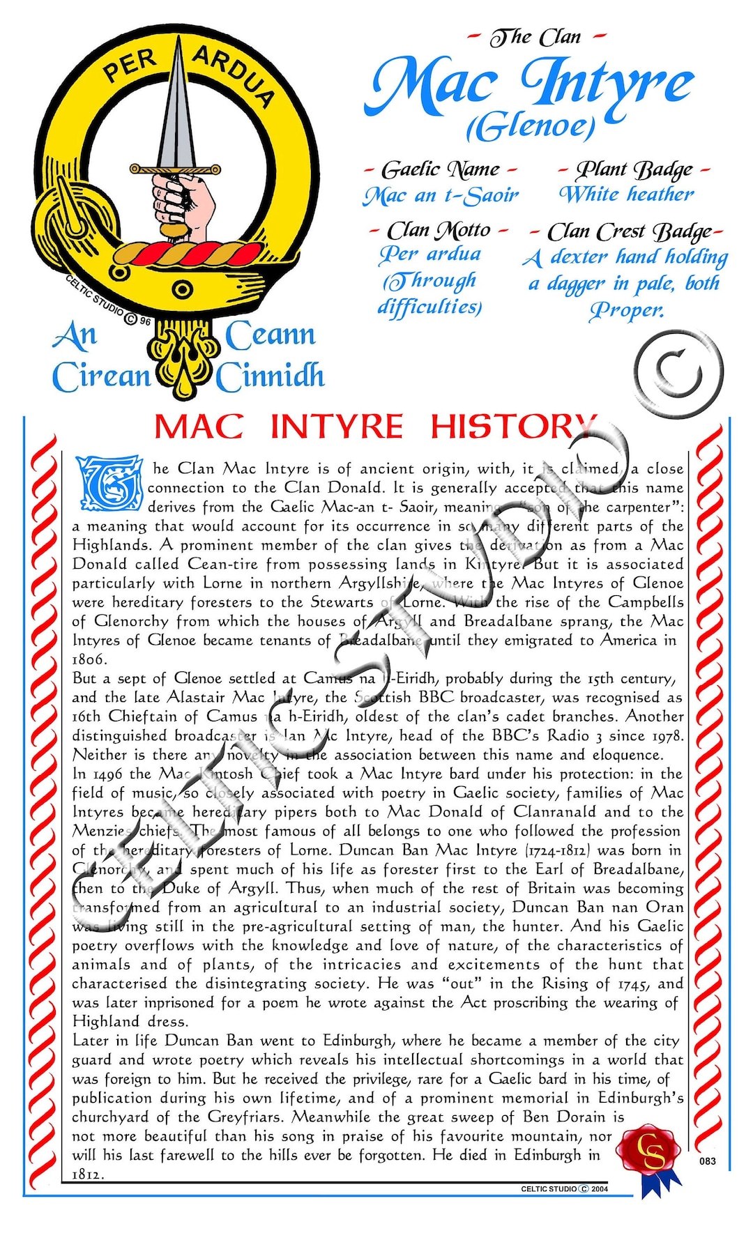 Macintyre Scottish Clan History - Etsy