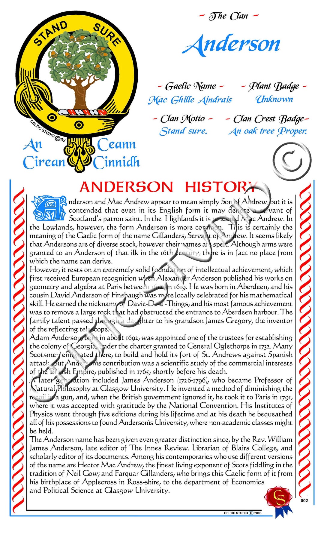 Anderson Scottish Clan History - Etsy