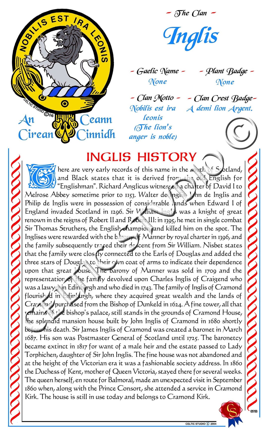 Inglis Scottish Clan History - Etsy