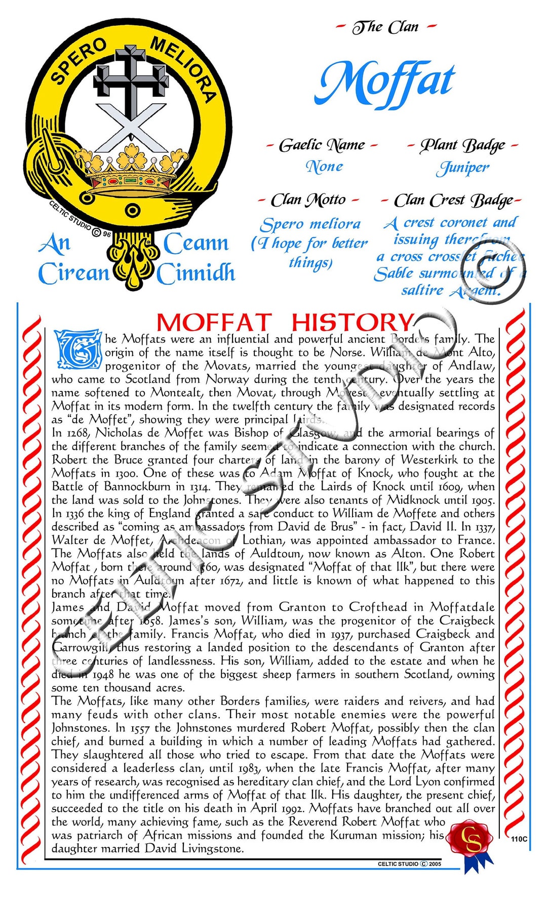 Moffat Scottish Clan History - Etsy