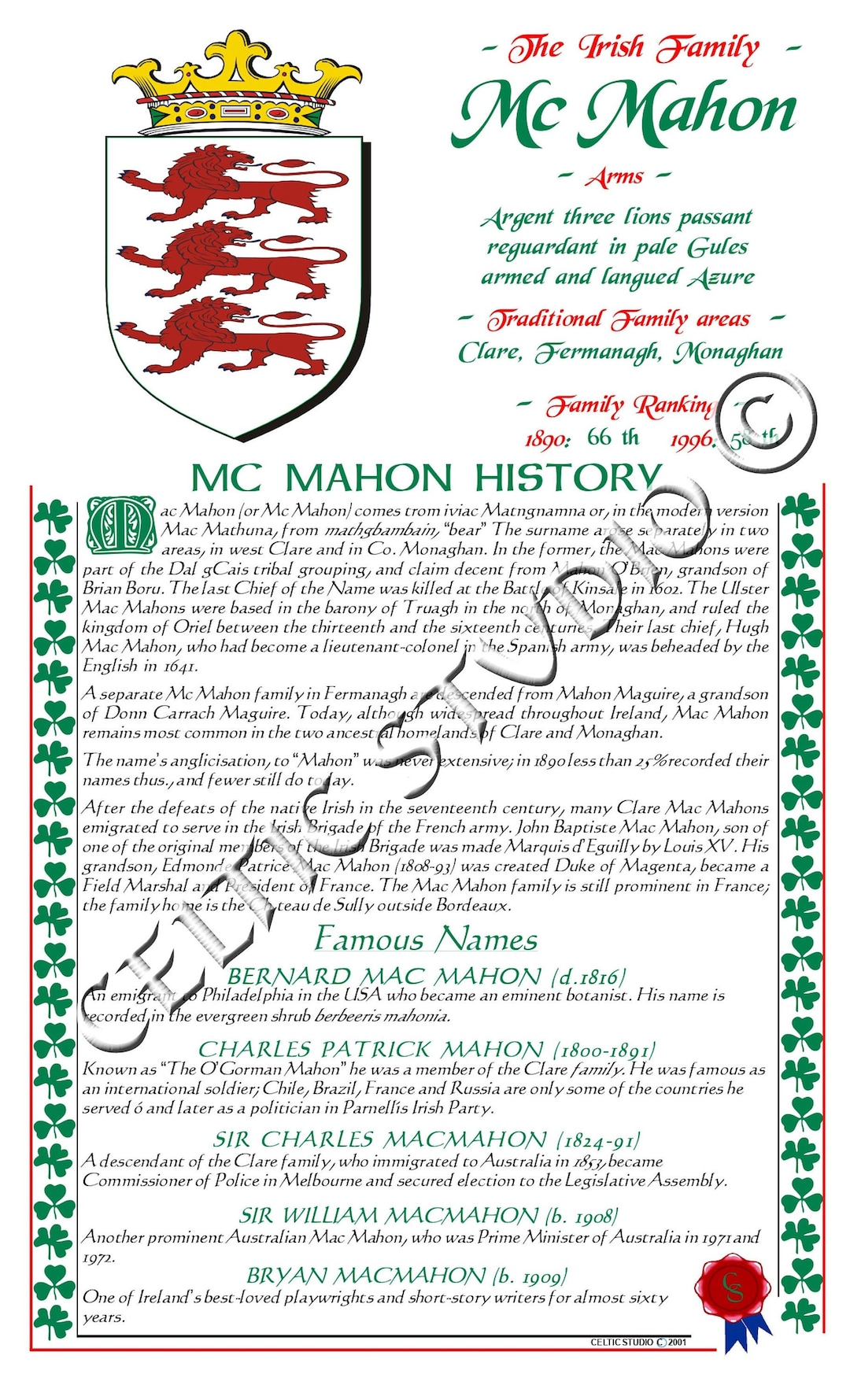 Mcmahon Irish Family History - Etsy