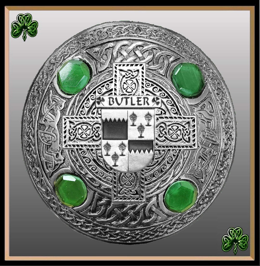 Butler Irish Coat of Arms Celtic Cross Plaid Brooch With Green Stones ...