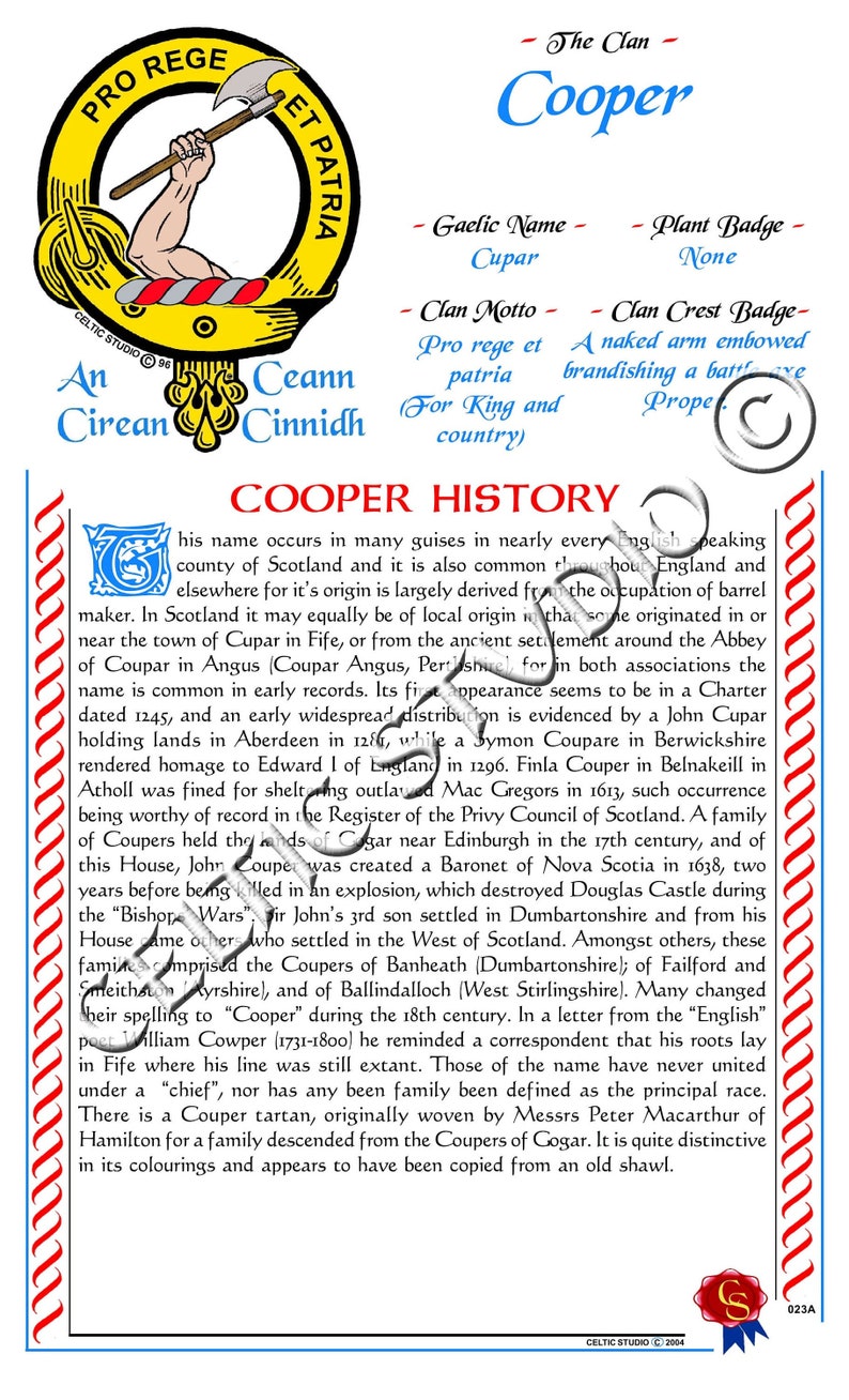 Cooper Scottish Clan History - Etsy