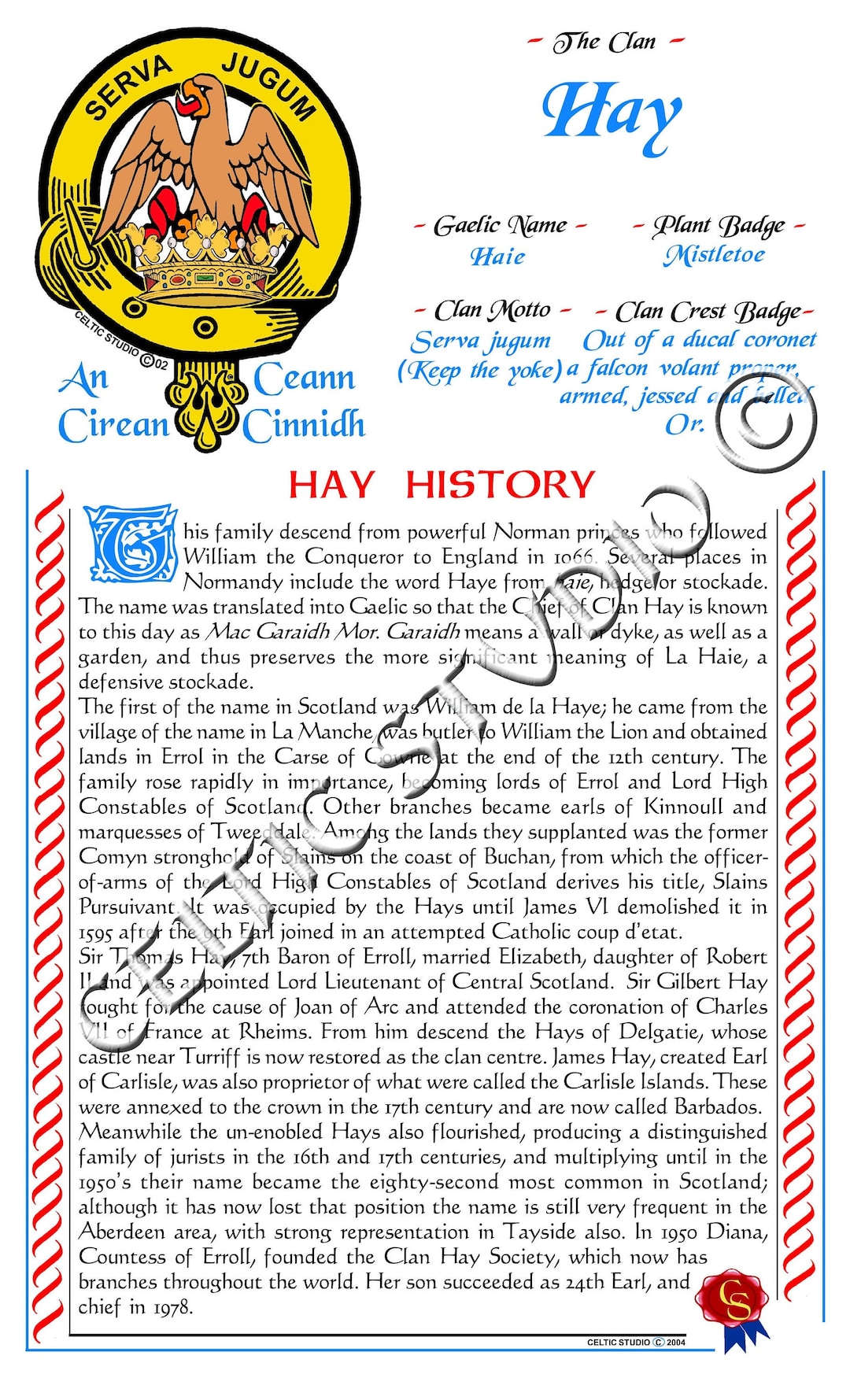 Hay Scottish Clan History - Etsy