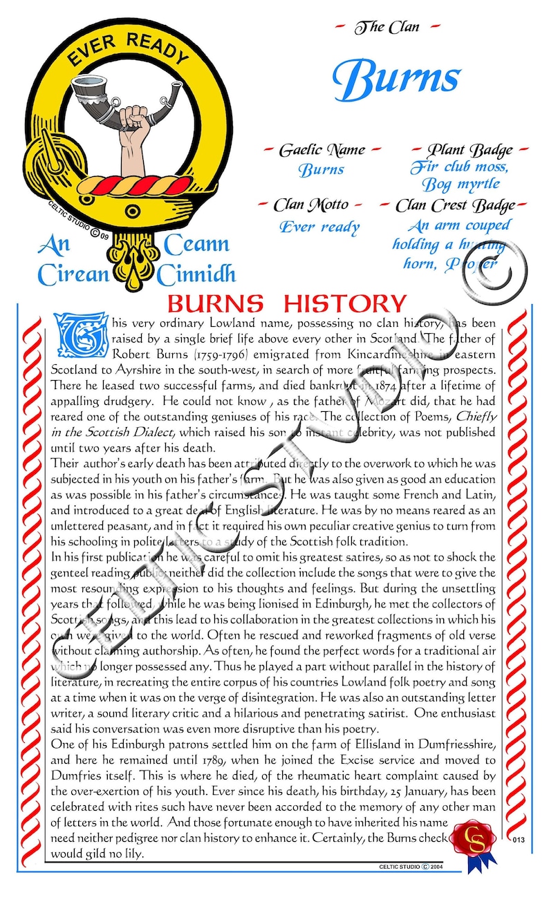 Burns Scottish Clan History - Etsy
