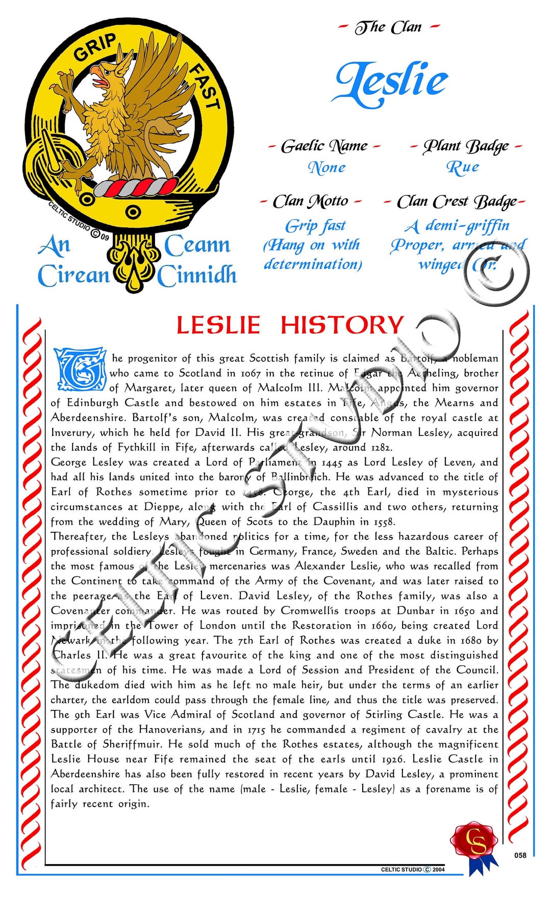 Leslie Scottish Clan History - Etsy