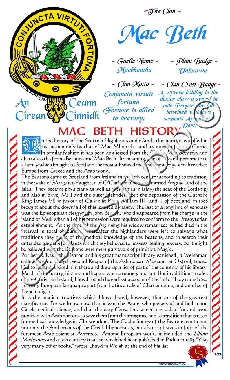 Macbeth Scottish Clan History - Etsy