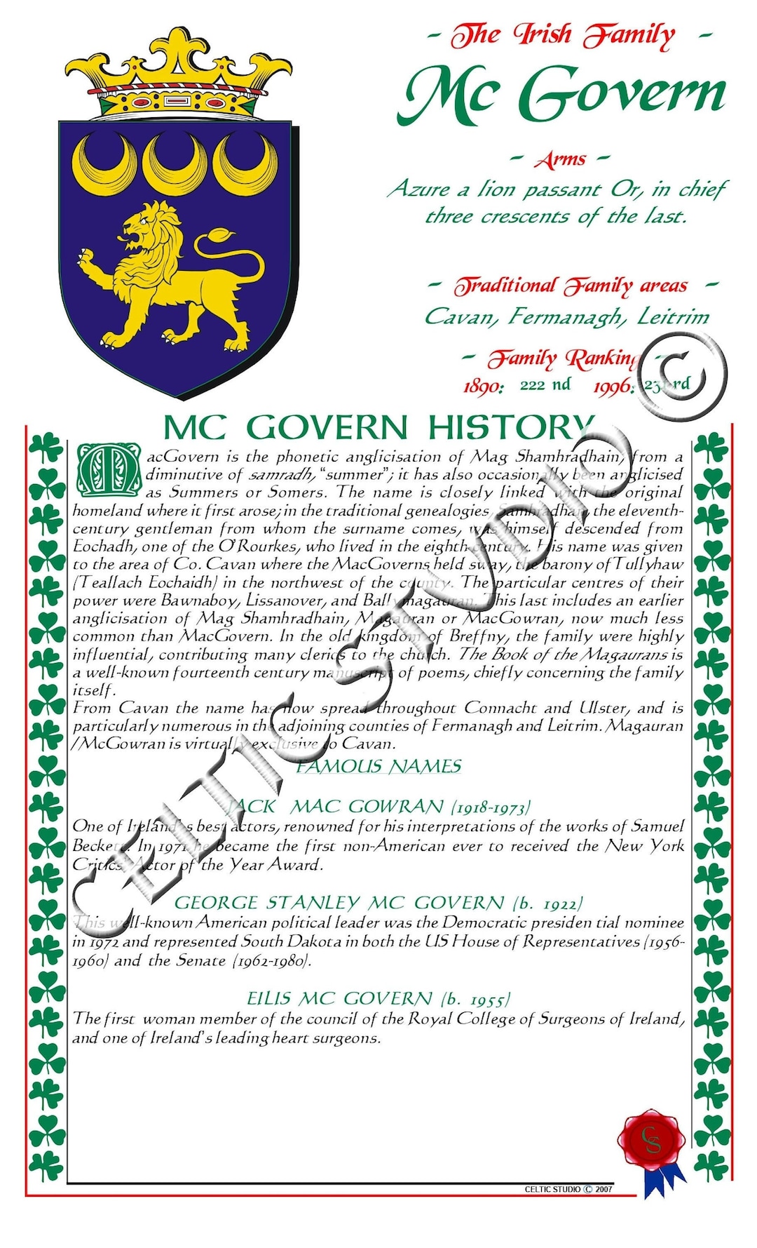 Mcgovern Irish Family History - Etsy