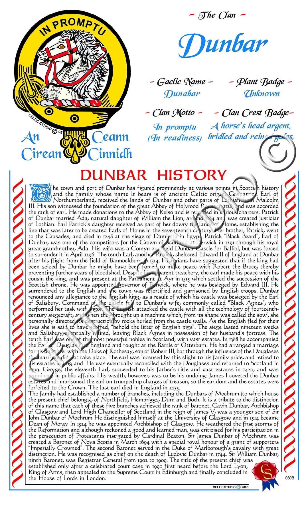 Dunbar Scottish Clan History - Etsy