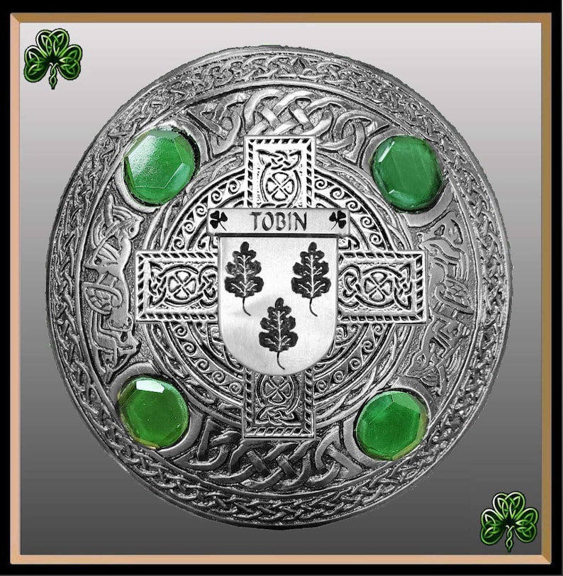 Tobin Irish Coat of Arms Celtic Cross Plaid Brooch With Green - Etsy