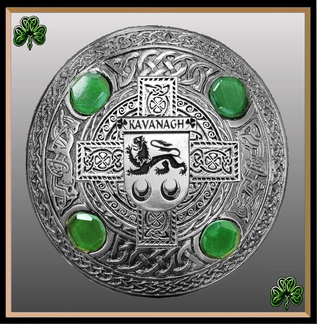 Kavanagh Irish Coat of Arms Celtic Cross Plaid Brooch With Green Stones ...