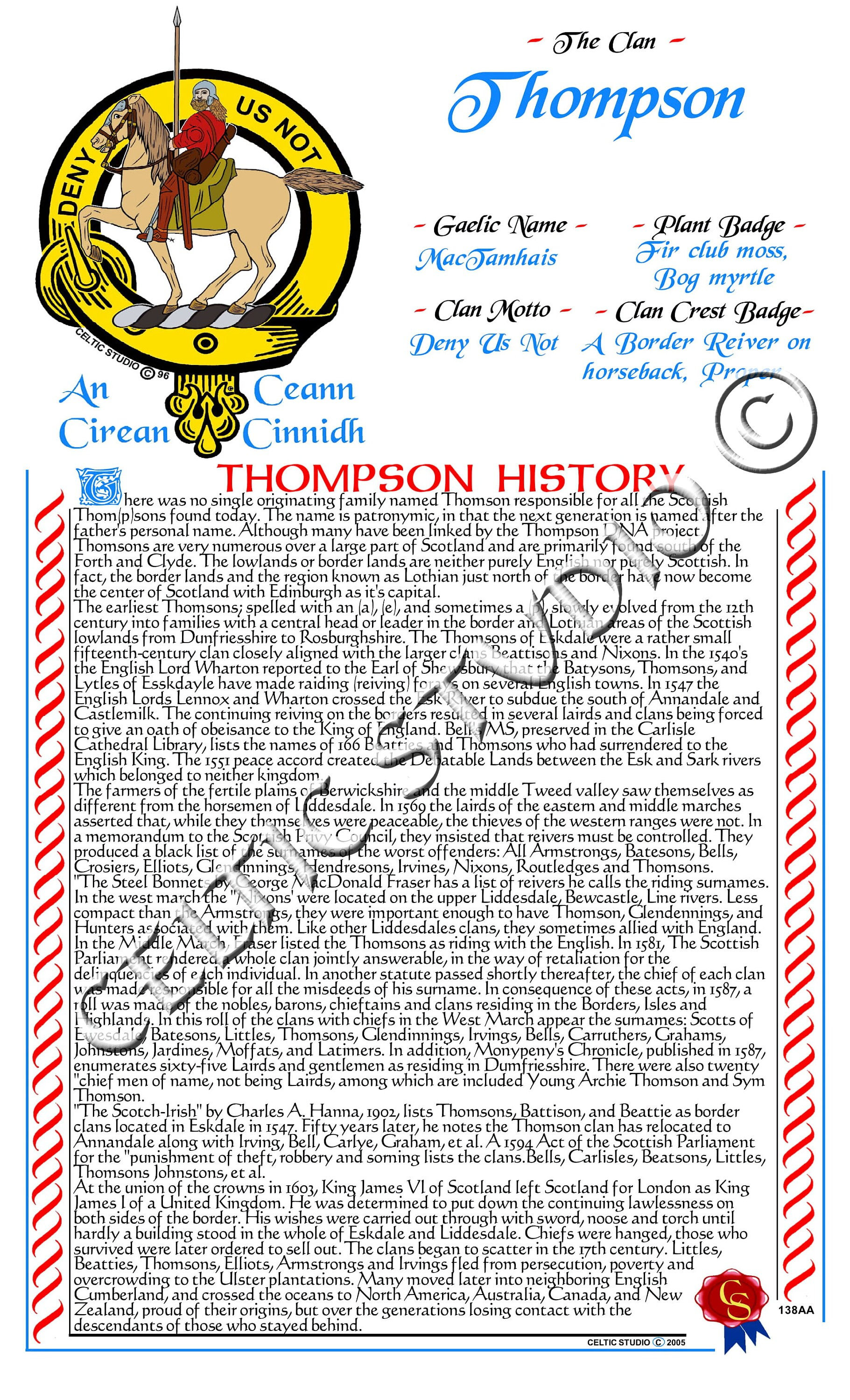 Thompson Scottish Clan History - Etsy