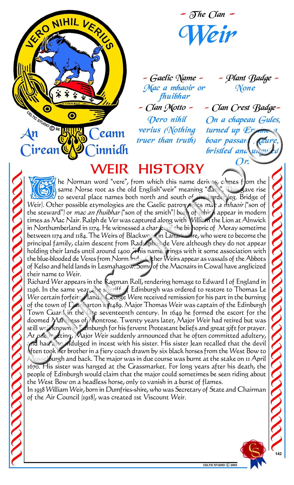 Weir Scottish Clan History - Etsy