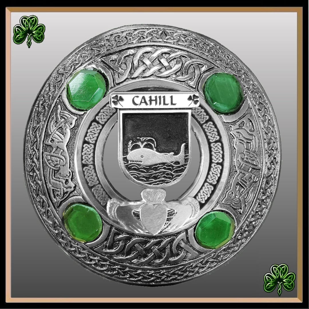 Cahill Irish Claddagh Coat of Arms Plaid Brooch ~ Emerald Stones - Etsy