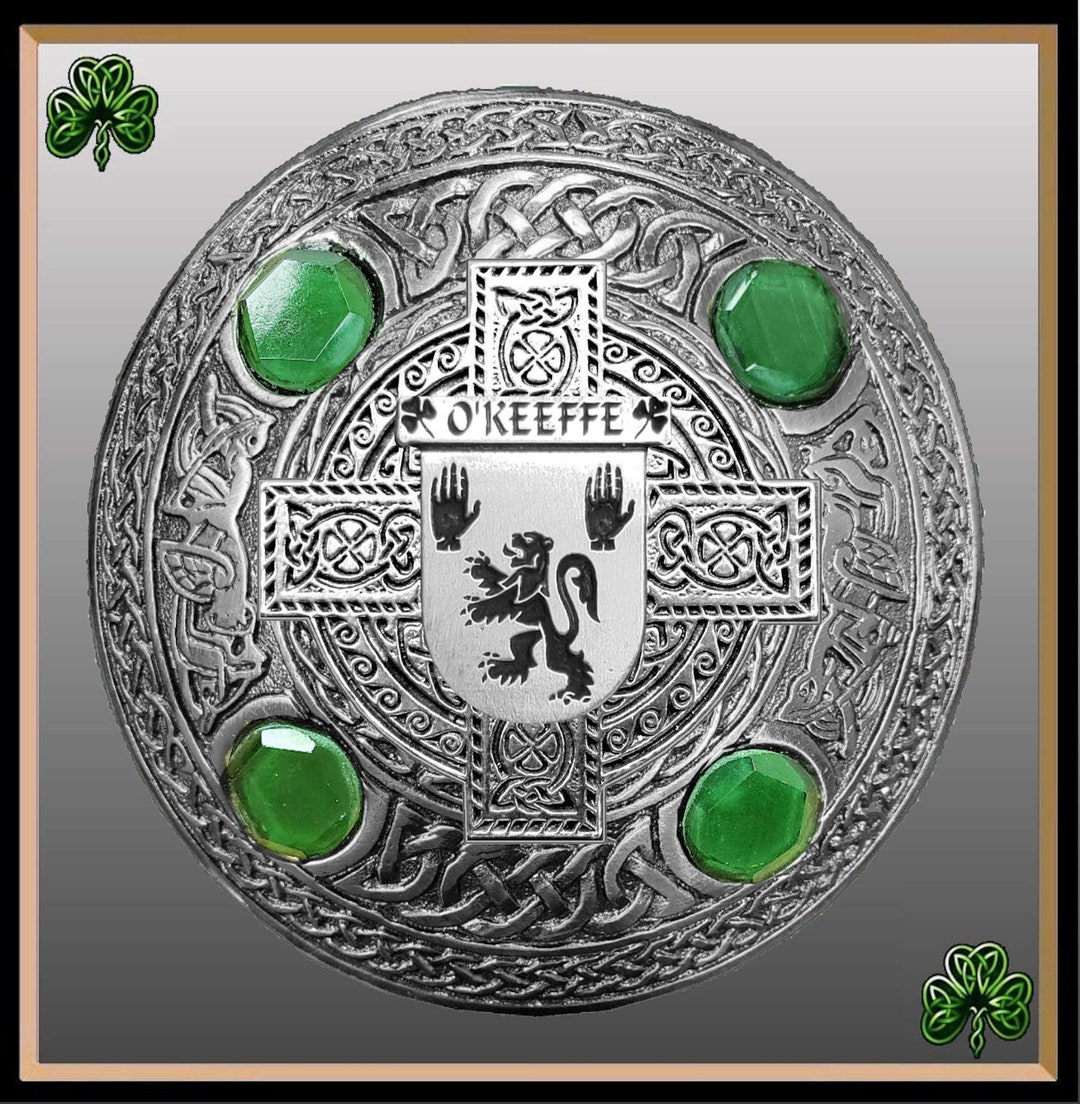 O'keeffe Irish Coat of Arms Celtic Cross Plaid Brooch With Green Stones ...