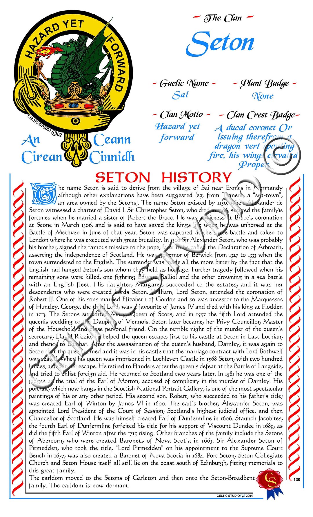 Seton Scottish Clan History - Etsy