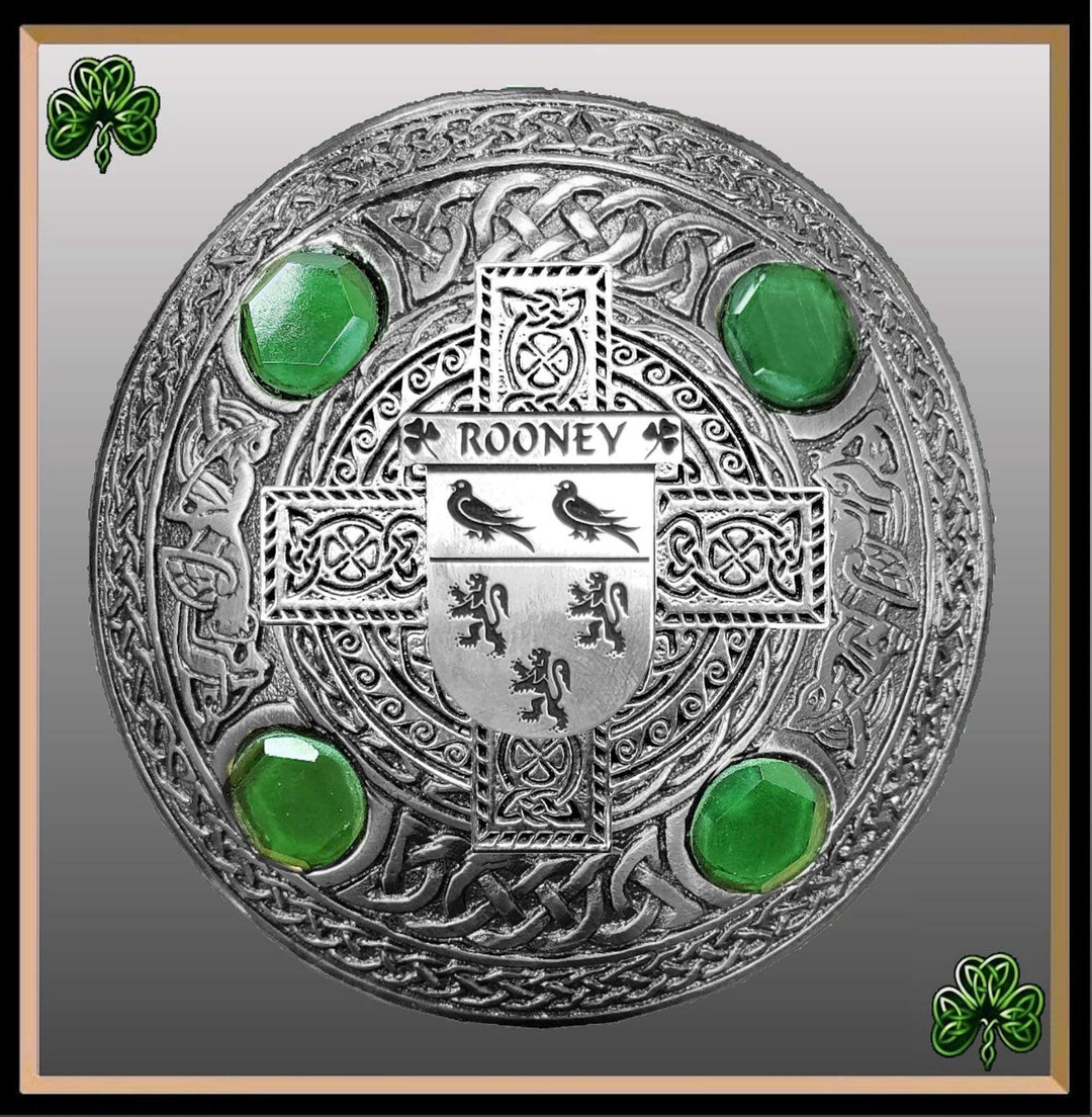 Rooney Irish Coat of Arms Celtic Cross Plaid Brooch With Green Stones ...