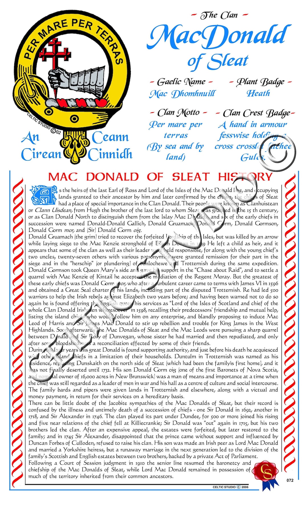 Macdonald (sleat) Scottish Clan History - Etsy