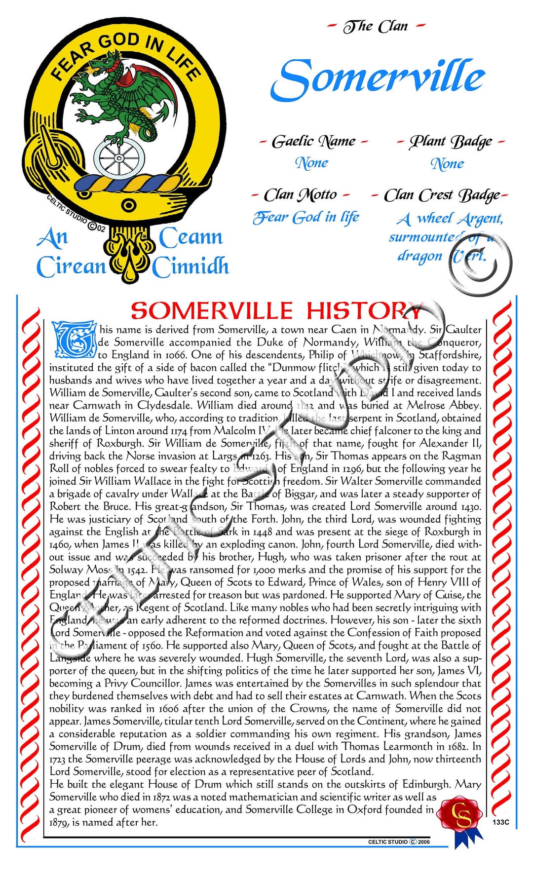 Somerville Scottish Clan History - Etsy