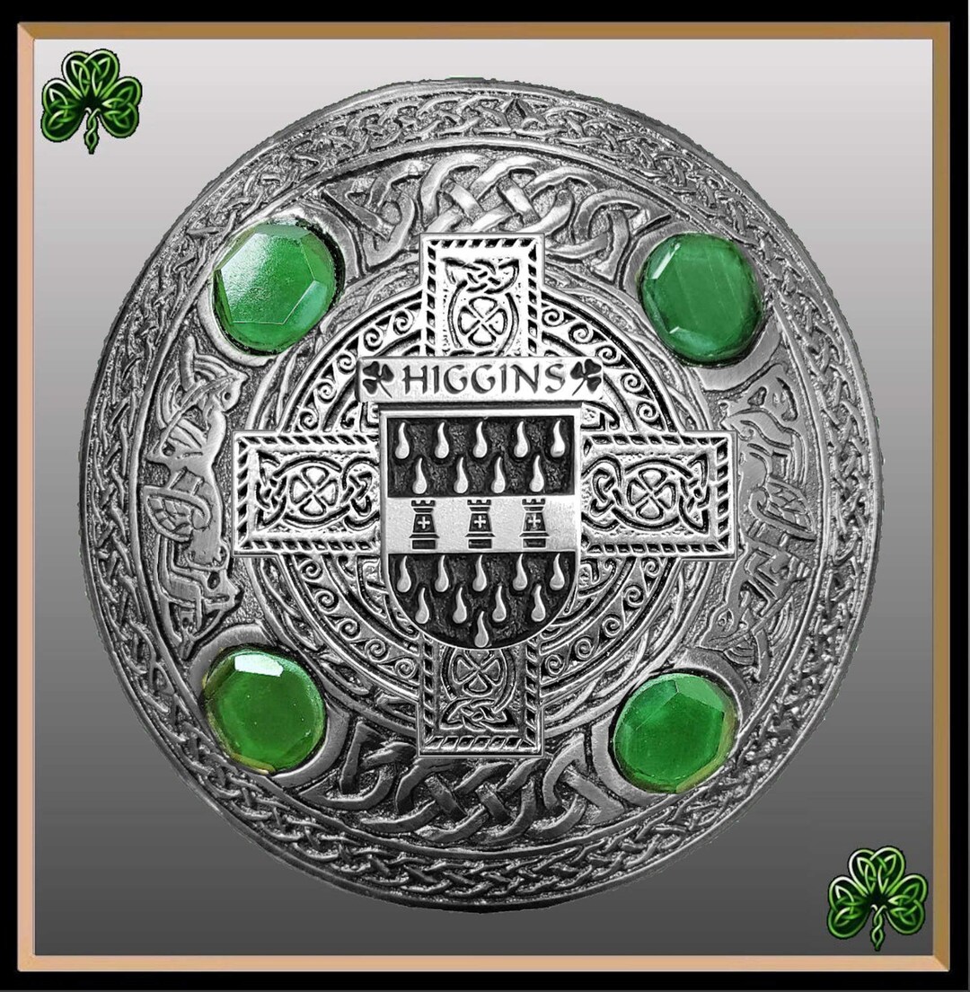 Higgins Irish Coat of Arms Celtic Cross Plaid Brooch With Green Stones ...