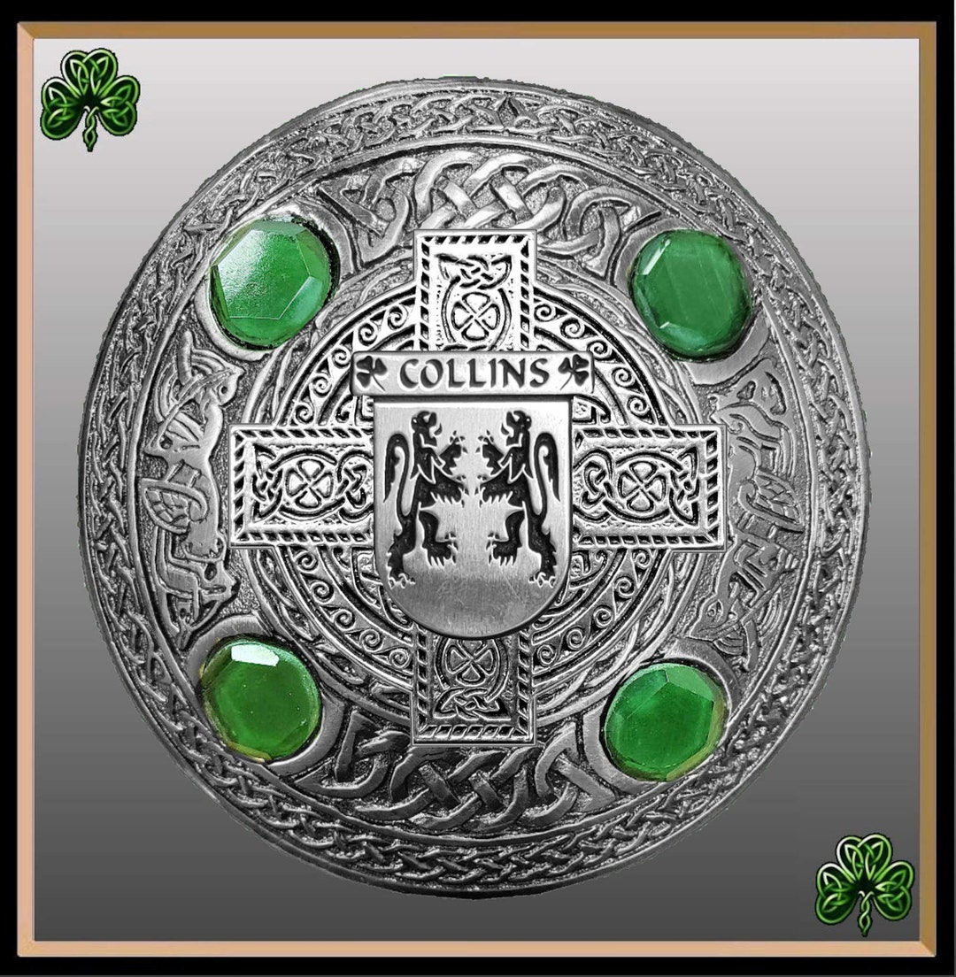 Collins Irish Coat of Arms Celtic Cross Plaid Brooch With Green Stones ...