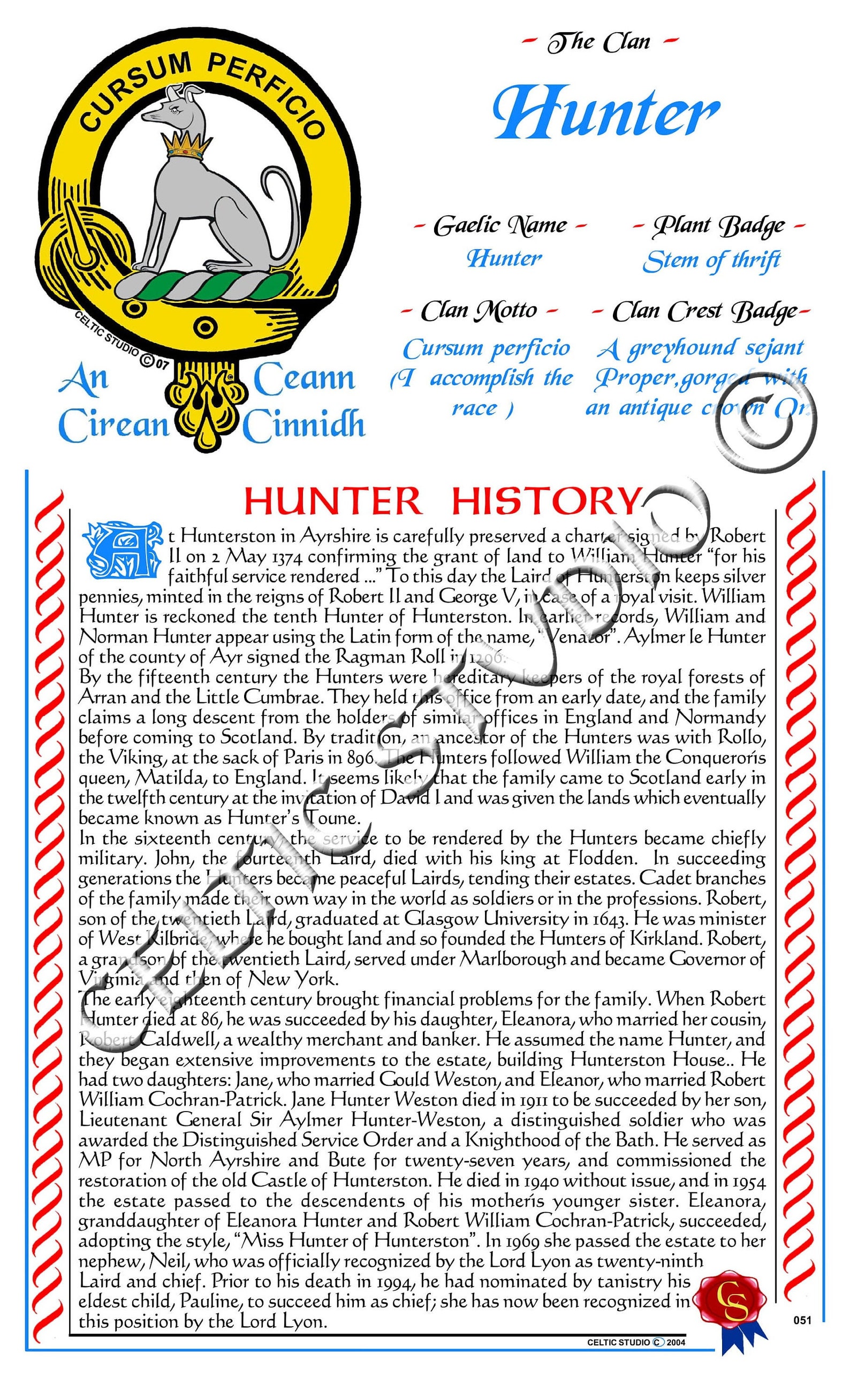 Hunter Scottish Clan History - Etsy