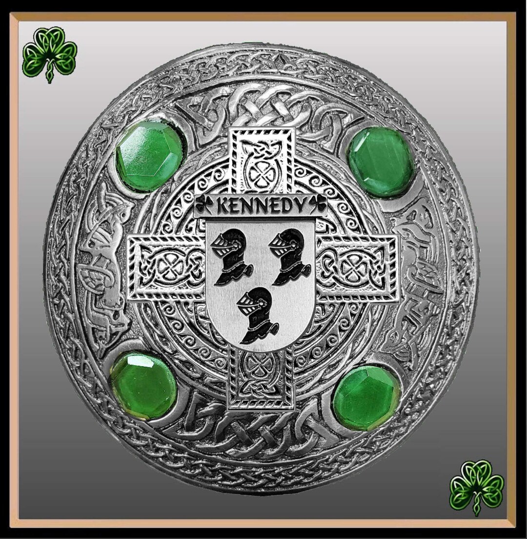 Kennedy Irish Coat of Arms Celtic Cross Plaid Brooch With Green Stones ...