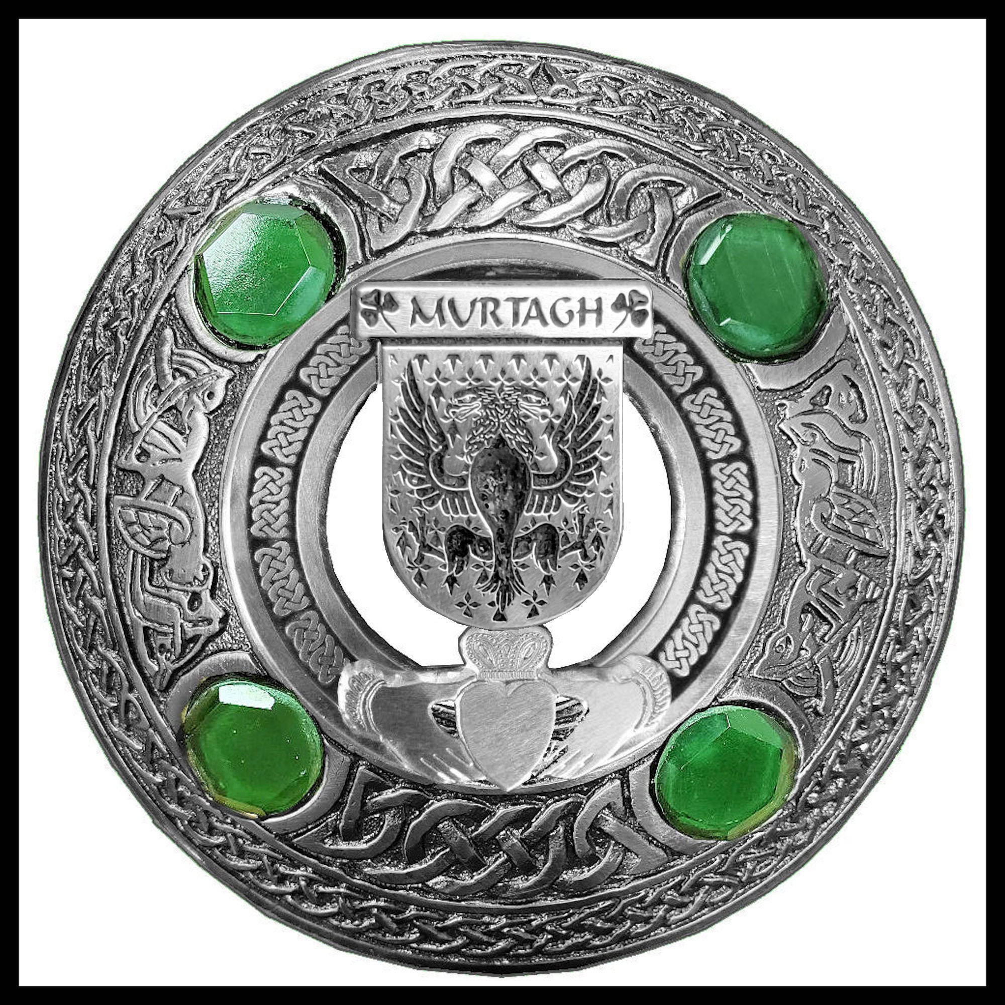 Murtagh Irish Claddagh Coat of Arms Plaid Brooch ~ Emerald Stones ...