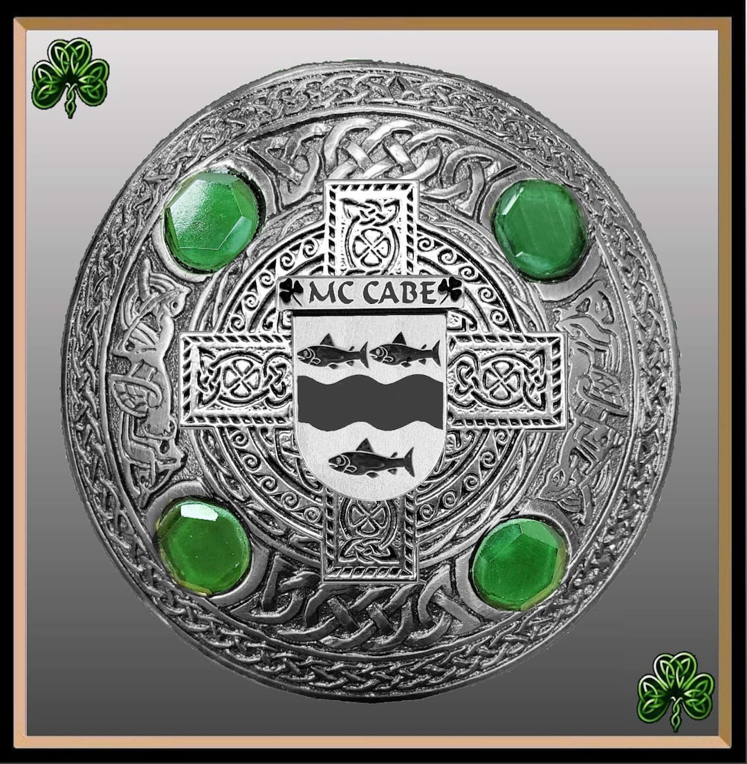 Mccabe Irish Coat of Arms Celtic Cross Plaid Brooch With Green Stones ...